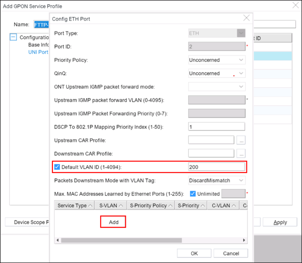 Service Profile create by iMaster NCE-FAN NMS - GPON Solution