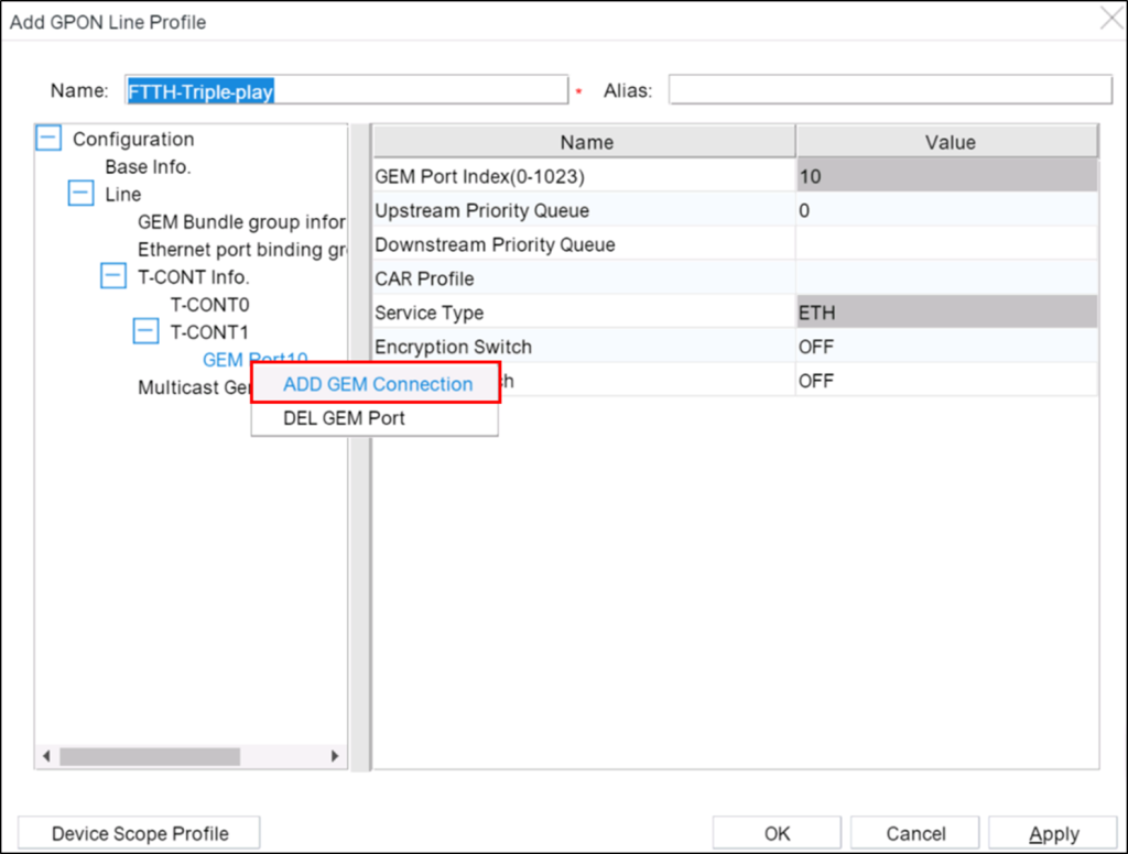 Line Profile Create by NCE-FAN NMS - GPON Solution