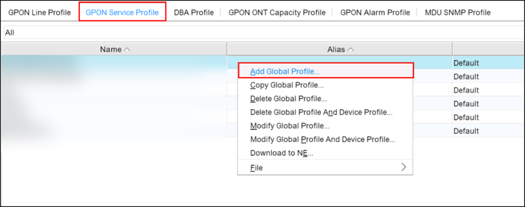 Service Profile create by iMaster NCE-FAN NMS - GPON Solution