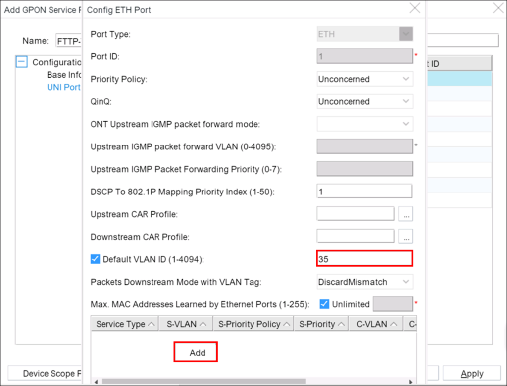 Service Profile create by iMaster NCE-FAN NMS - GPON Solution