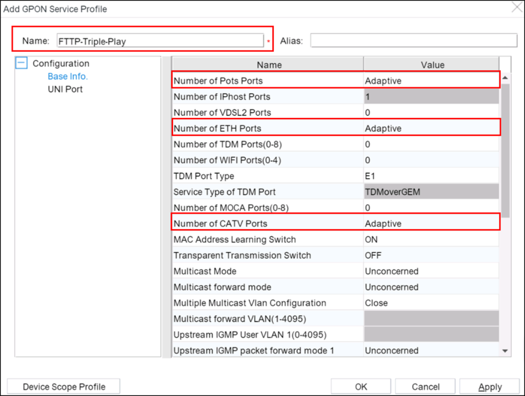 Service Profile create by iMaster NCE-FAN NMS - GPON Solution
